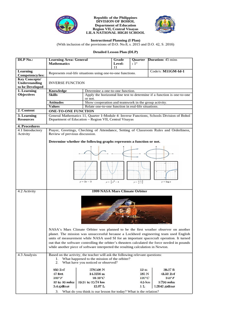 DLP - GEN MATH 11-One-to-One Function | PDF | Function (Mathematics) | Nasa