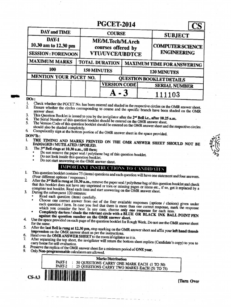 Karnataka PGCET 2014 Computer Science Engineering Question Paper ...