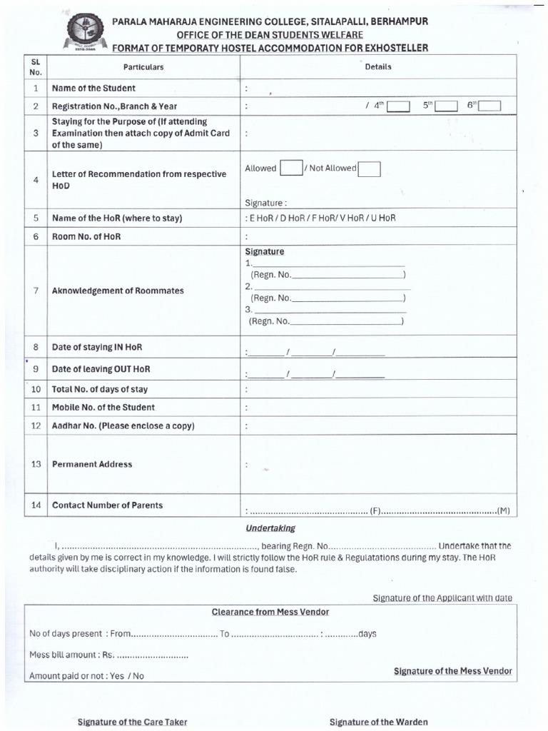 Temporary Hostel Accommodation Format | PDF
