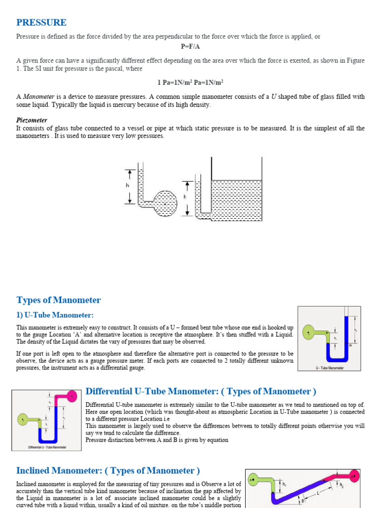 2.1. Pressure and Manometer | PDF | Pressure Measurement | Pressure