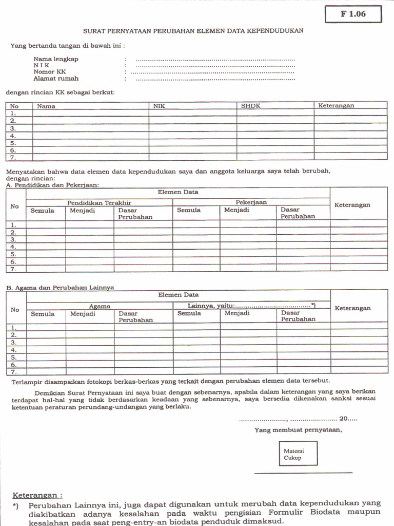 F1.06 Formulir Surat Pernyataan Perubahan Elemen Data Kependudukan | PDF