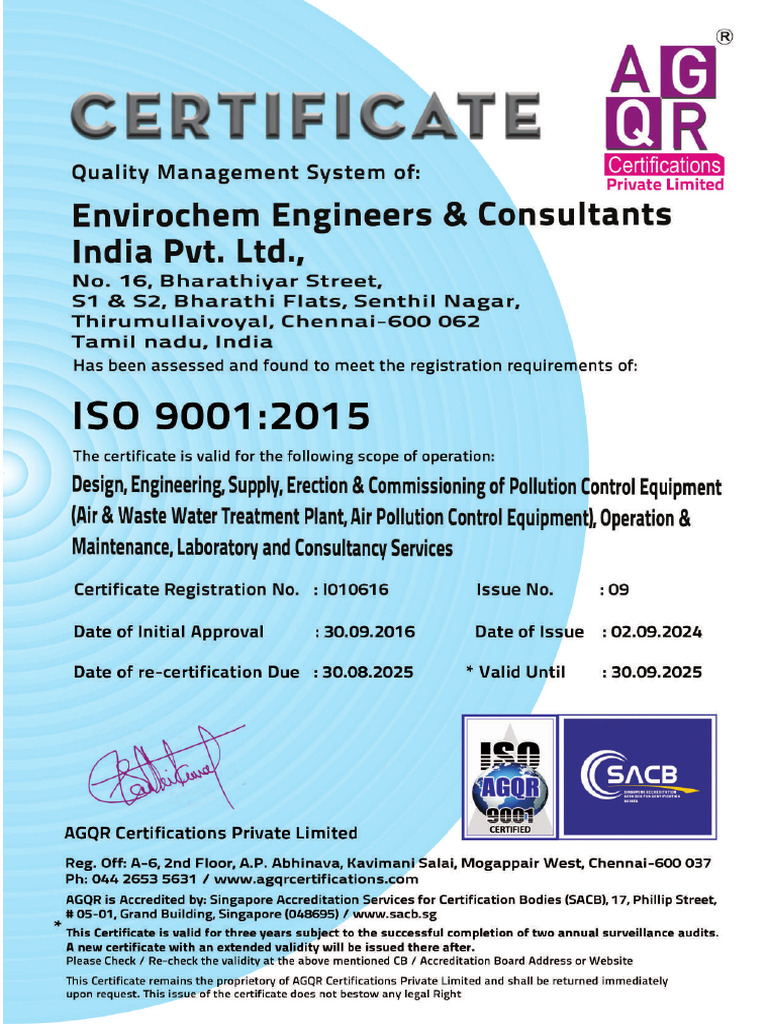ISO CERTIFICATE 2024-2025 EnviroChem | PDF