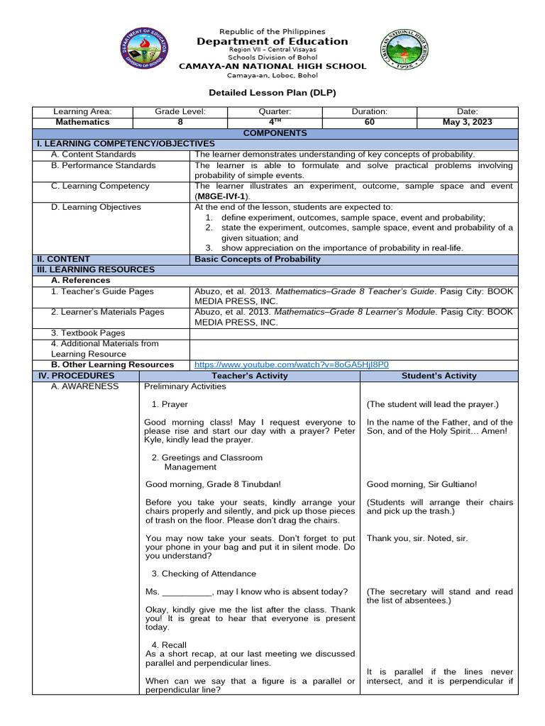 Grade 8 Probability Lesson Plan | PDF | Probability | Learning