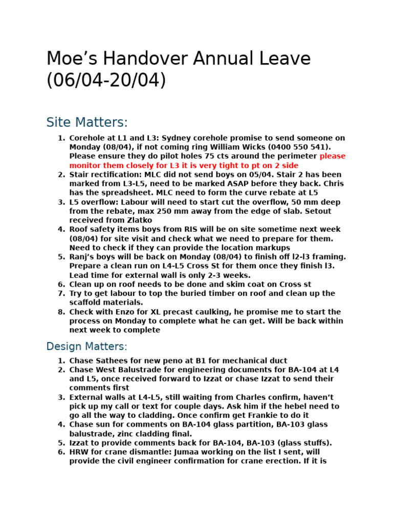 Moe's Annual Leave Handover (06.04-20.04) | PDF | Electric Power | Building
