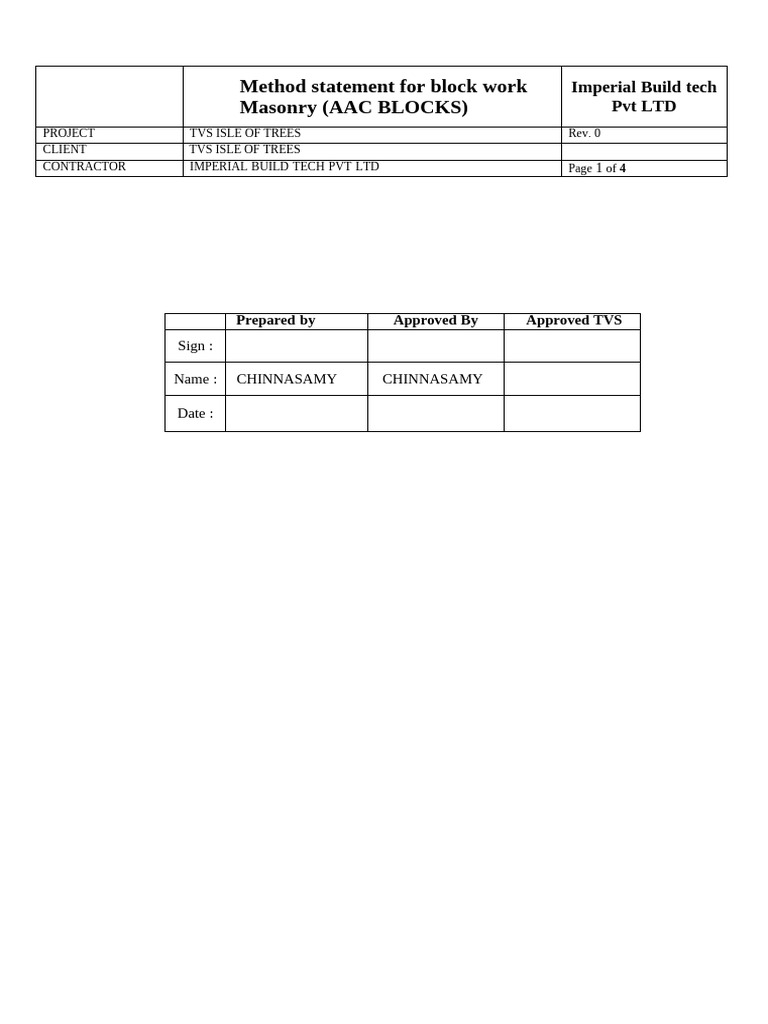 Method of Statement For Blockwork Masonry (AAC Blocks) | PDF | Civil ...
