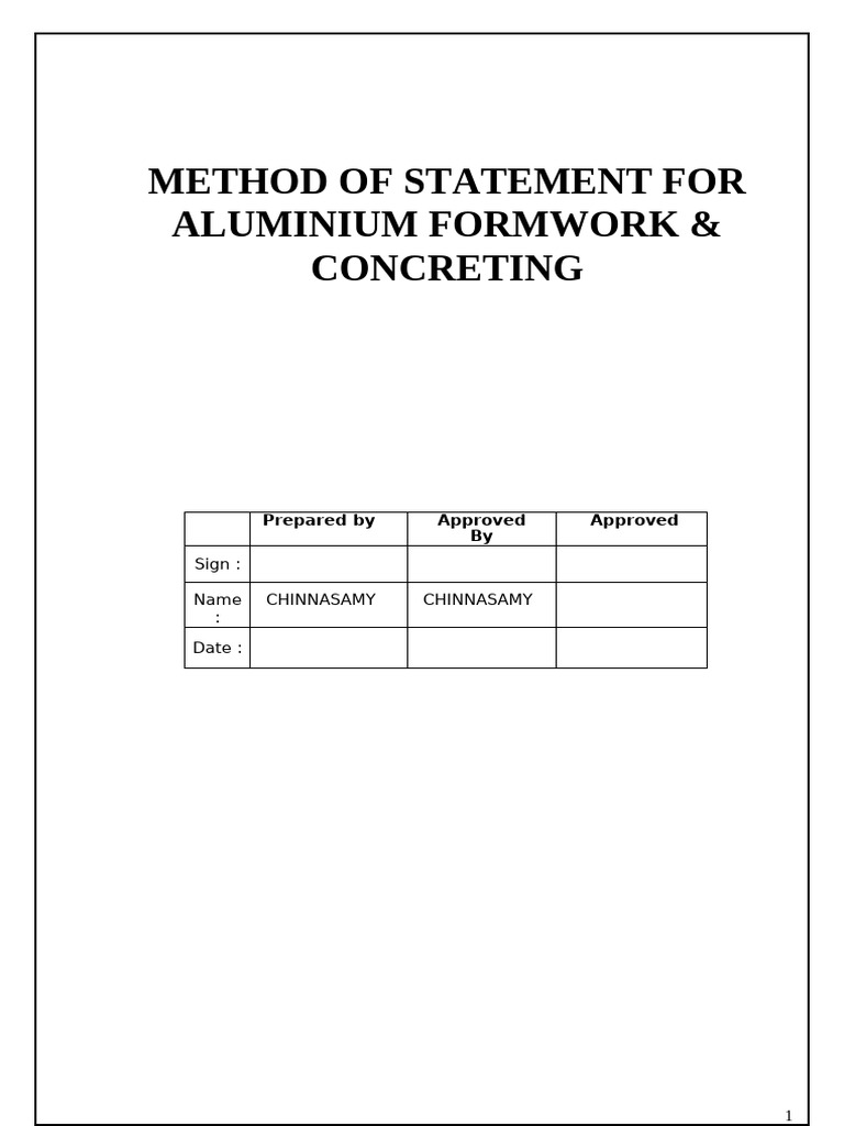Method Statement Aluminium Formwork & Concreting | PDF | Building ...