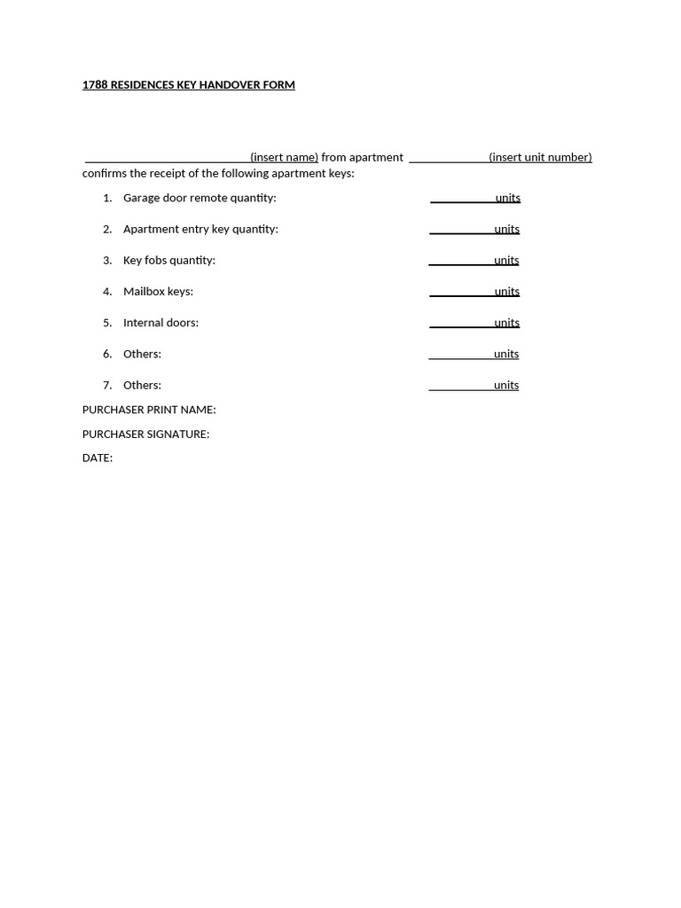 1788 Residences Key Handover Form Template | PDF