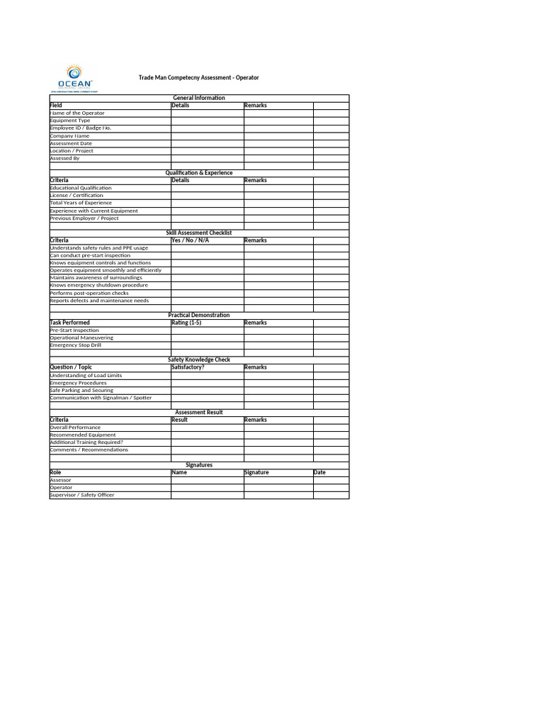 Operator Competency Assessment Form | PDF