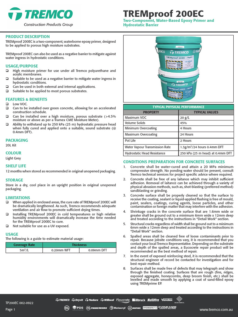 TREMproof 200EC Data Sheet | PDF | Concrete | Secondary Sector Of The ...
