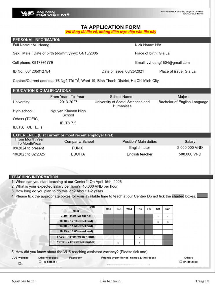 VUS Teaching Assistant Application Form | PDF | Vietnam