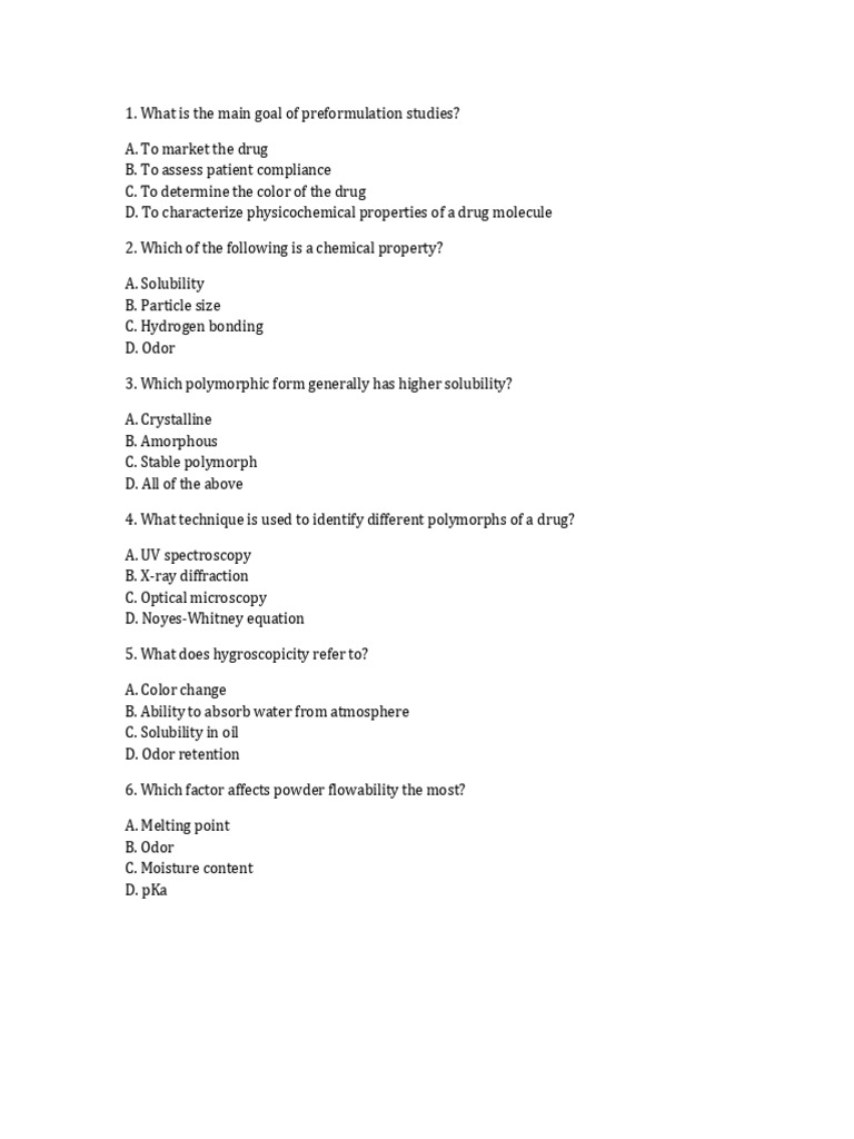 Preformulation Studies MCQs | PDF