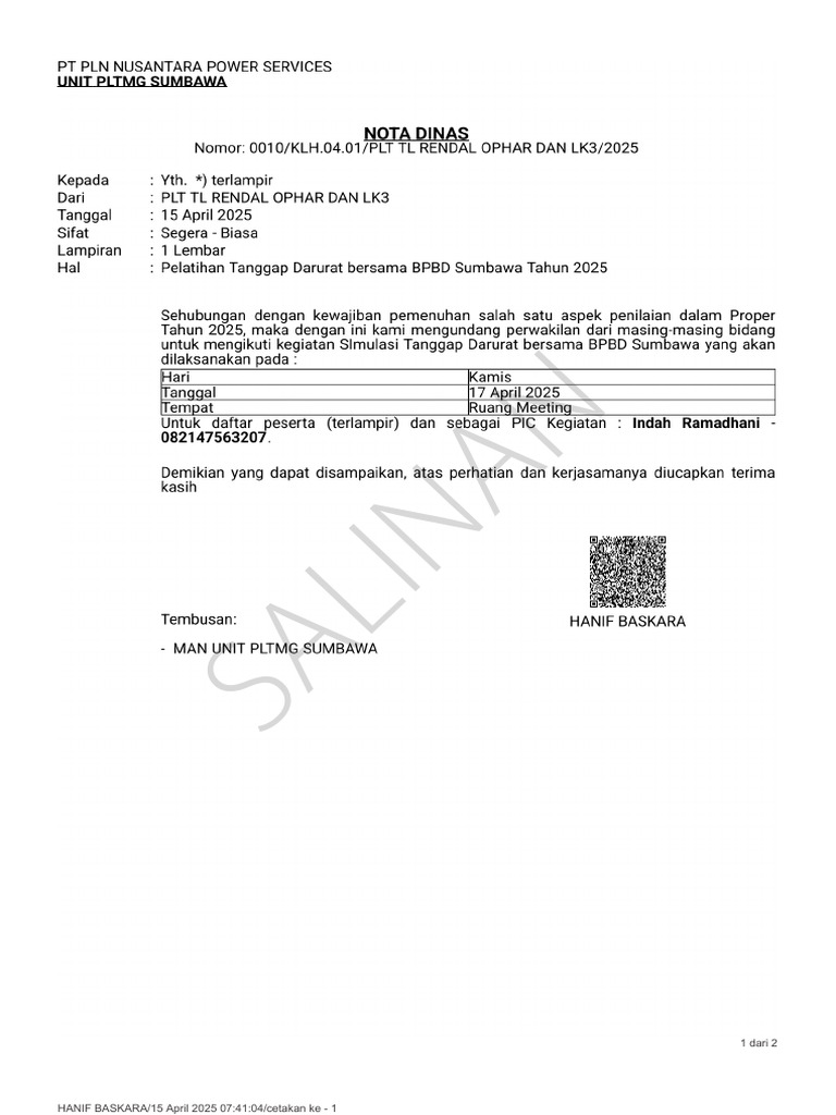 Undangan Simulasi Tanggap Darurat PLTMG Sumbawa 2025 | PDF