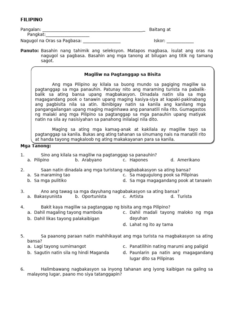 Gr. 4 Magiliw Sa Pagtanggap Sa Bisita Pretest | PDF