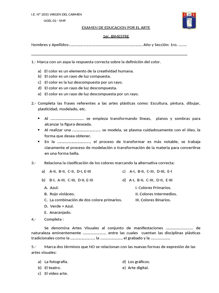 EXAMAMEN DEL 5to AÑO Virgen de F | PDF | Color | Las artes