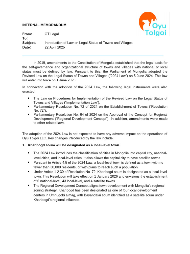 Internal Memo - Law On Legal Status | PDF | Infrastructure | Government