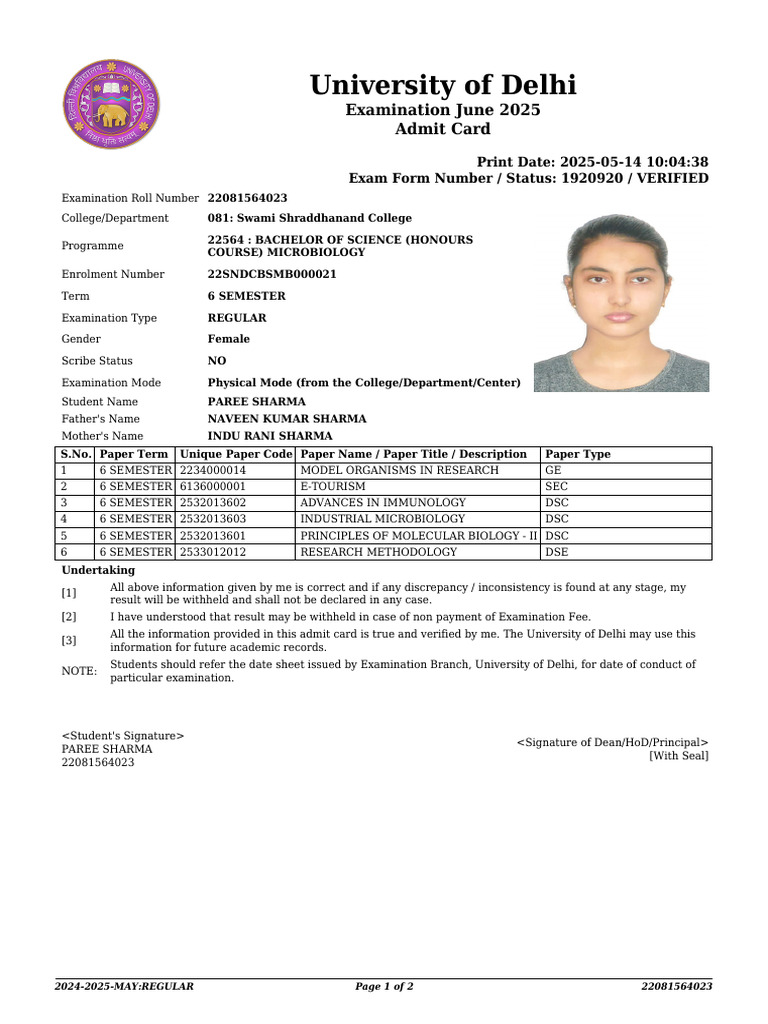 Swami Shraddhanand College Admit Card | PDF
