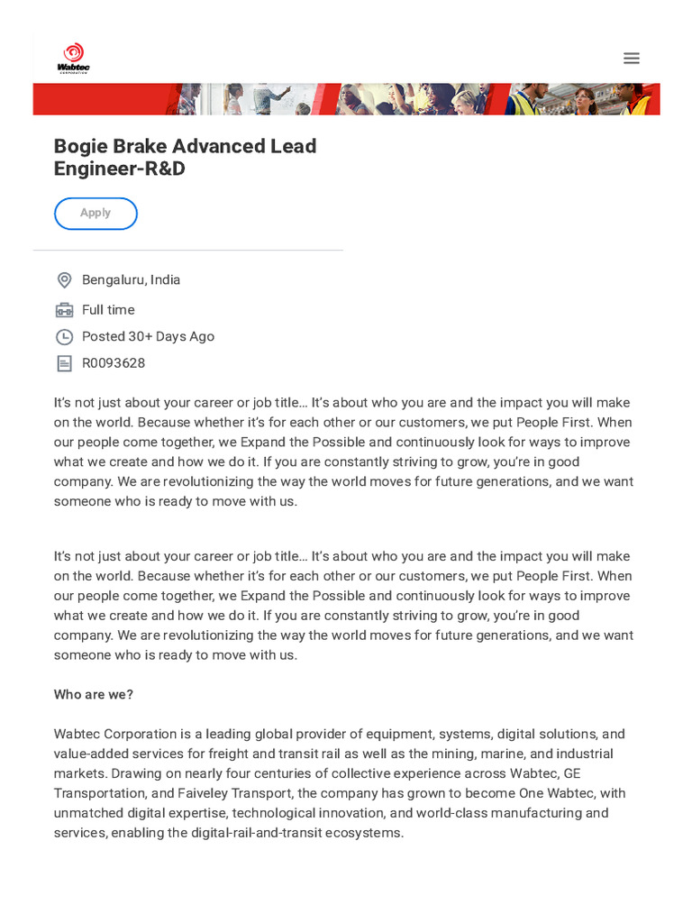 Careers Bogie Brake Advanced Lead | PDF | Reliability Engineering | Specification (Technical ...