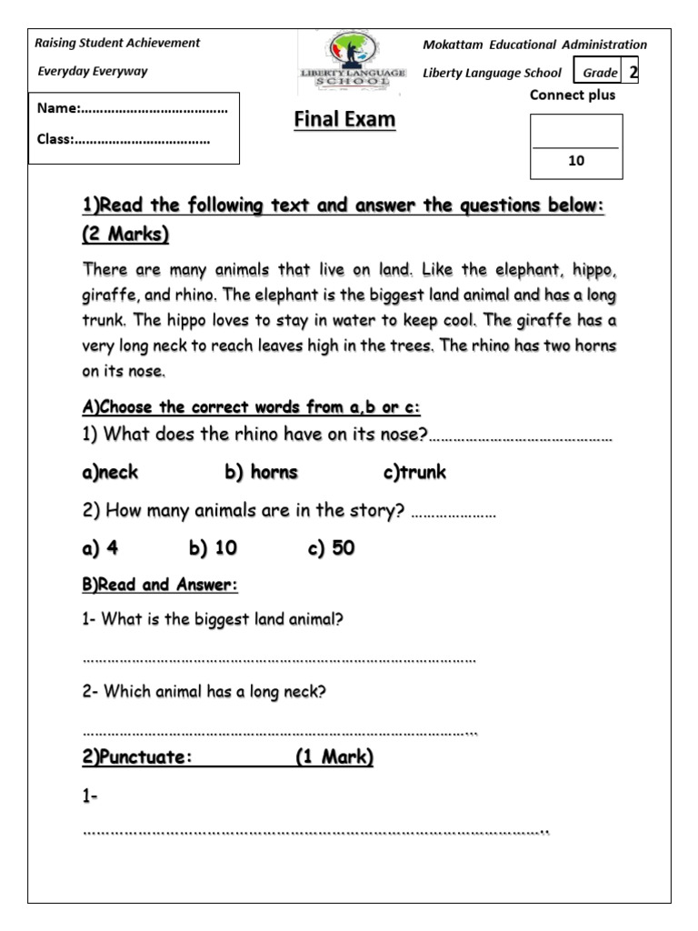 Final Exam Prim 2 Term2 Connect Plus 2024-2025 | PDF