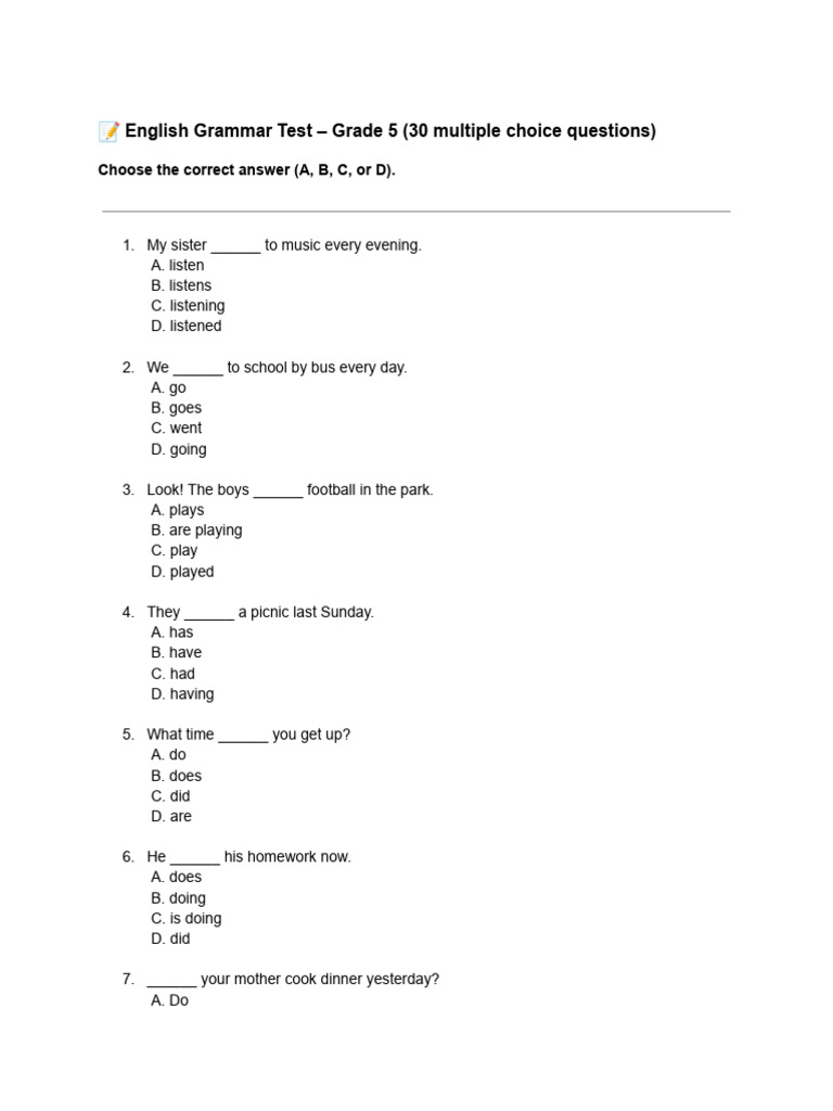 ? English Grammar Test - Grade 5 (30 Multiple Choice Questions) | PDF