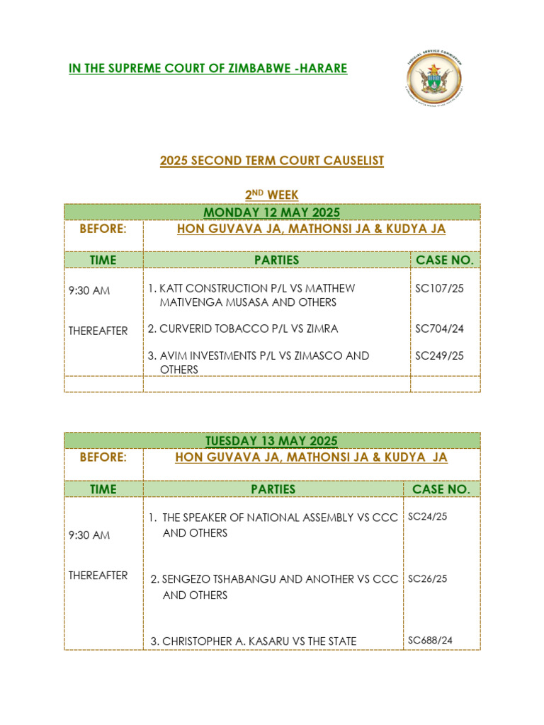 Second Week Cause List | PDF
