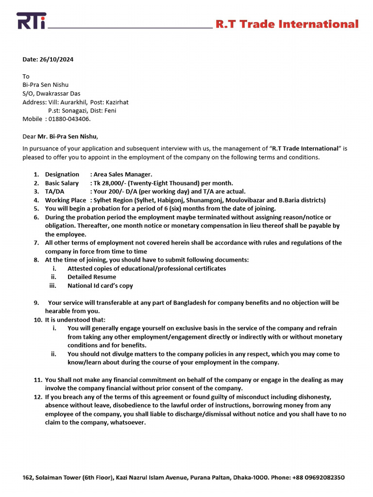 Offer Letter Nishu Sylhet | PDF | Employment | Business Law