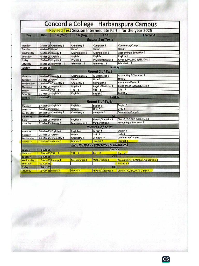 Revised Date Sheet Part I 2025 | PDF