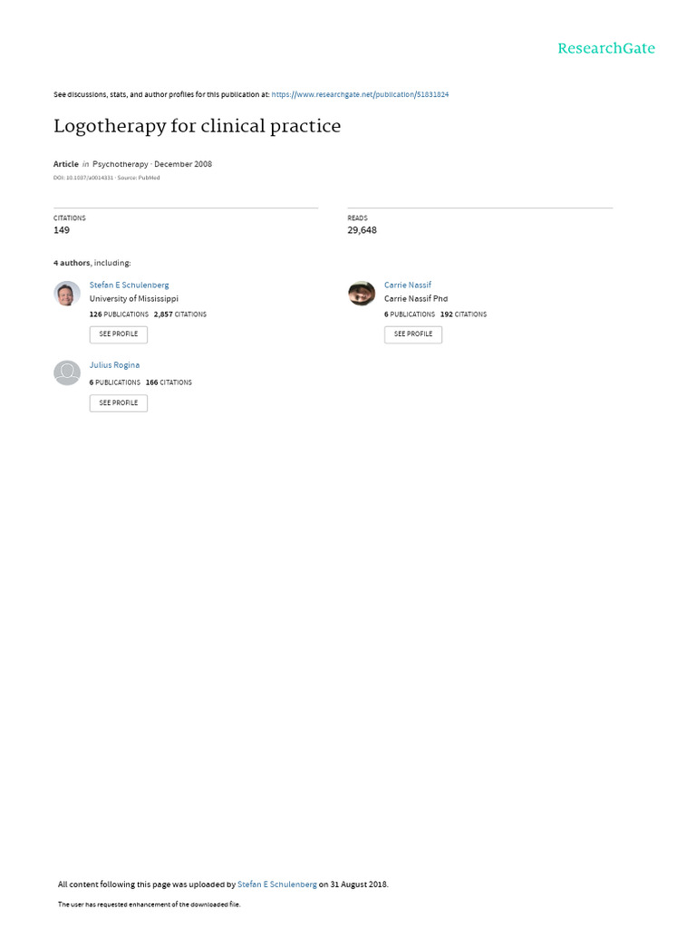 Logotherapy For Clinical Practice | PDF | Psychotherapy | Behavioural ...