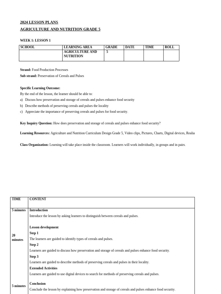 2024 Grade 5 Agriculture and Nutrition Lesson Plans Week 1 Week 4 Term ...