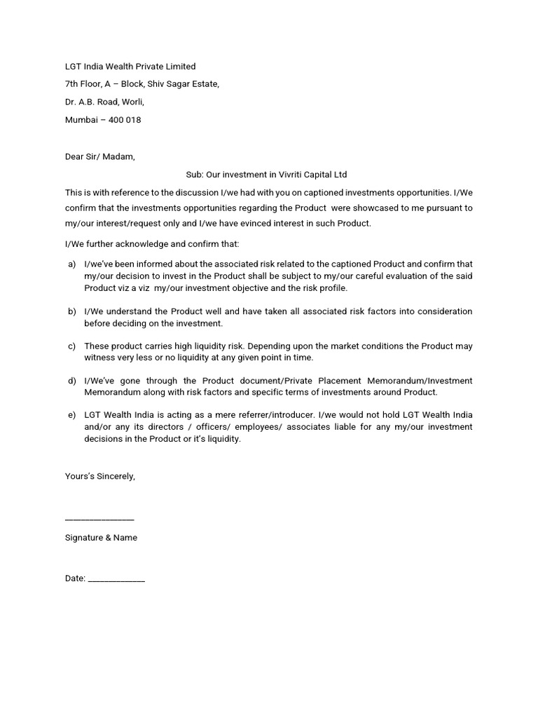 Client Acceptance Letter Vivriti | PDF