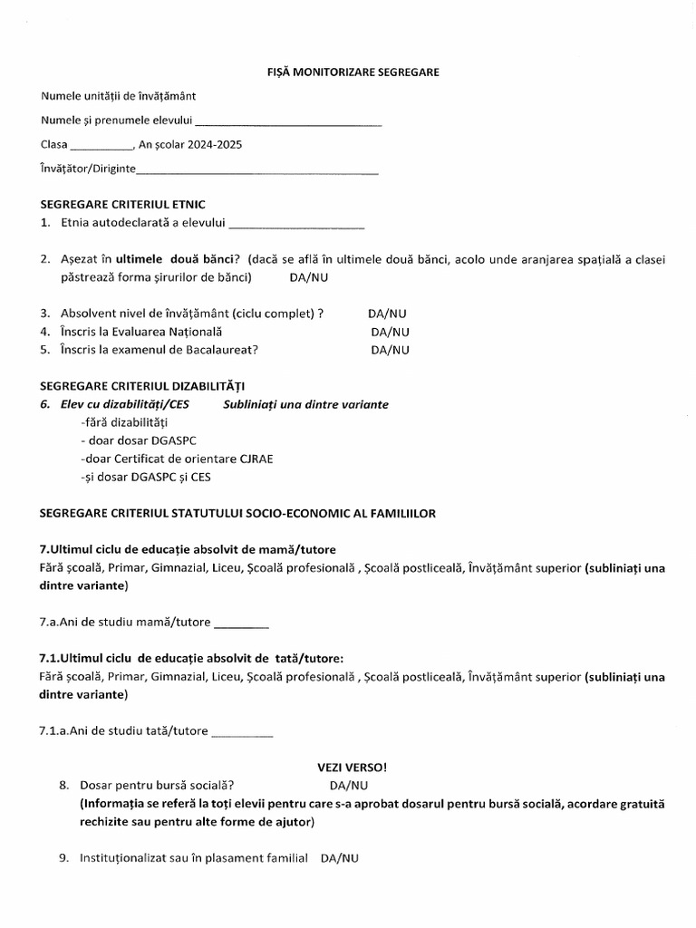 Fișă Monitorizare Segregare | PDF