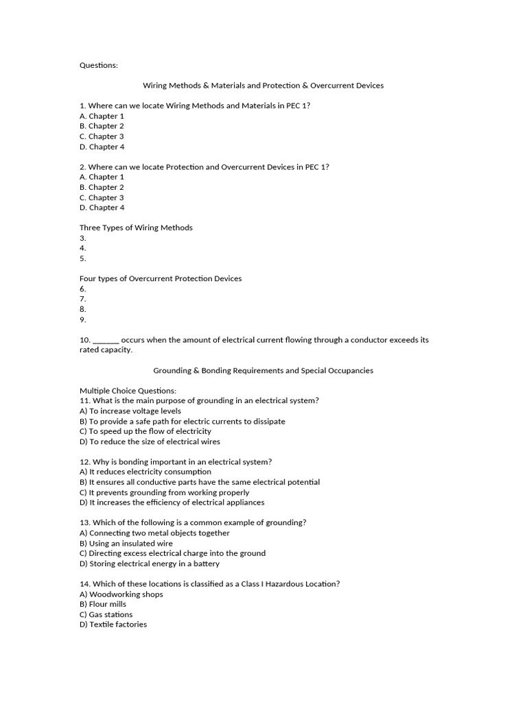 PEC 1 Wiring Methods & Safety Quiz | PDF | Electrical Wiring | Electricity