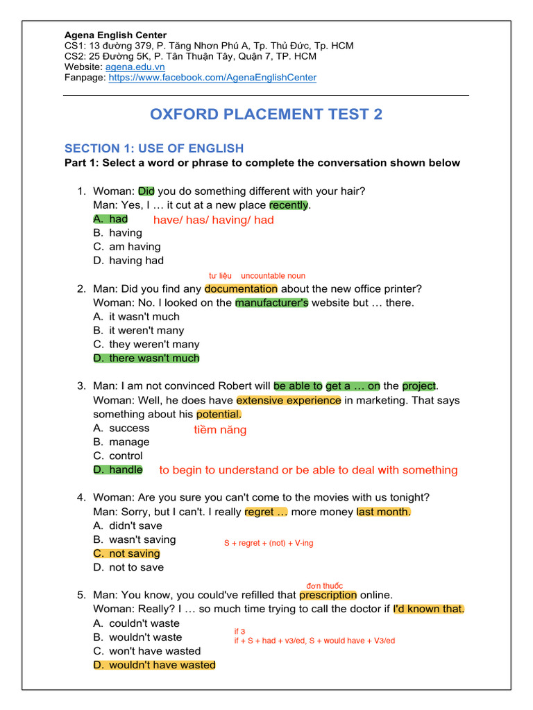 Oxford Placement Test 2 Overview | PDF