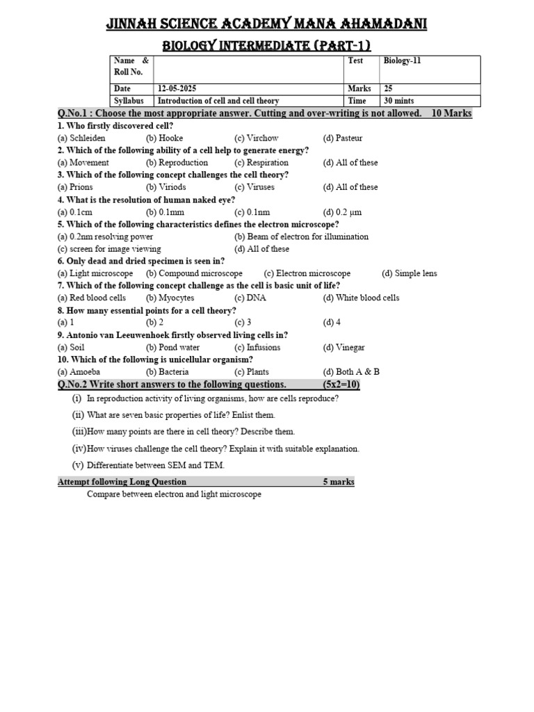 New 1st Year Test 25 Marks | PDF | Microscope | Cell (Biology)