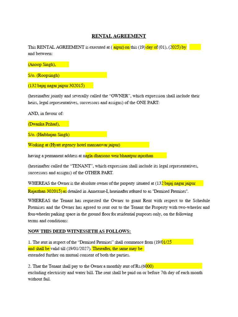 Rental Agreement: Now This Deed Witnesseth As Follows | PDF | Leasehold ...