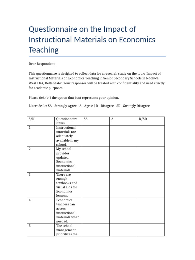 Instructional Materials Economics Questionnaire | PDF | Teachers ...