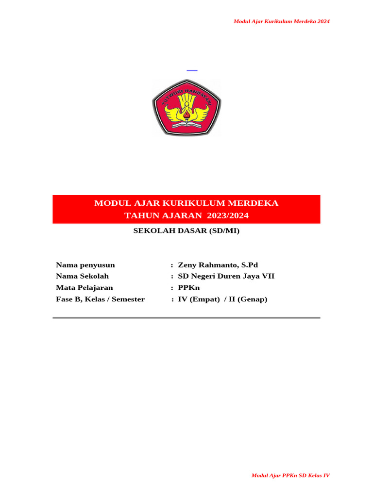 Modul Ajar PKN Kelas Iv SM Ii Ta 2023-2024 | PDF