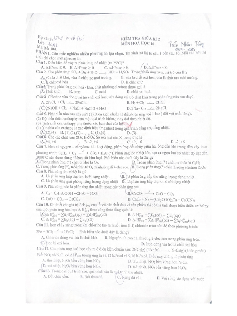 HK2 HOÁ 10 TRẦN NHÂN TÔNG MÃ 104 24 25 | PDF