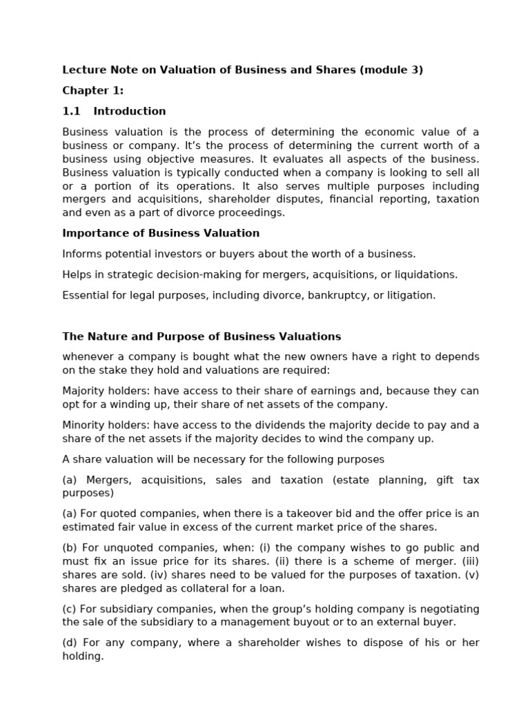 Lecture Note On Business Valuation | PDF | Valuation (Finance ...