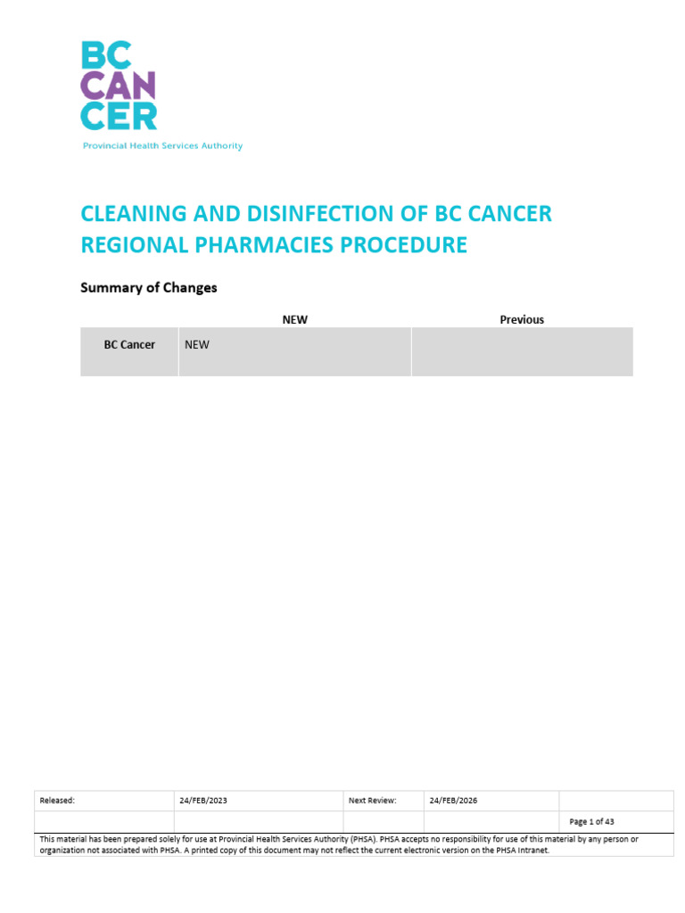 Cleaning and Disinfection of BC Cancer Regional Pharmacies Procedure ...