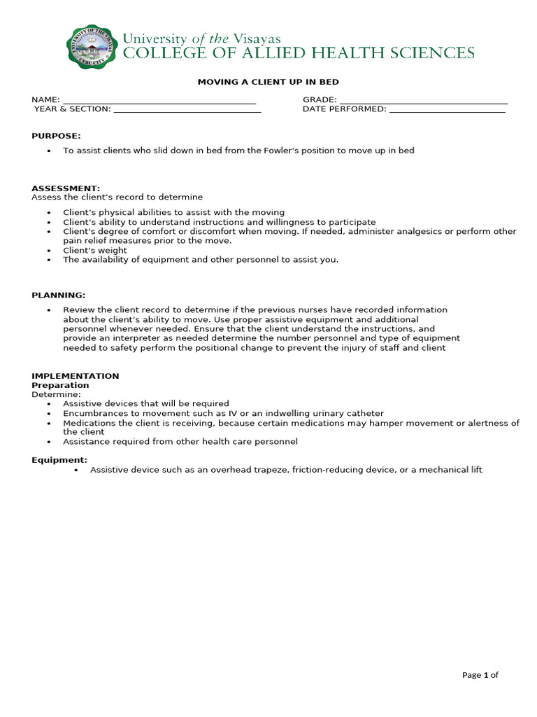 Guidelines for Moving Clients in Bed | PDF | Anatomical Terms Of Motion ...
