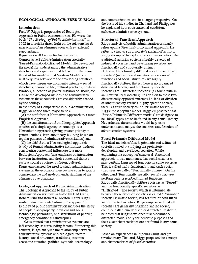Ecological Approach (Fred W.Riggs) | PDF | Society | Ecology