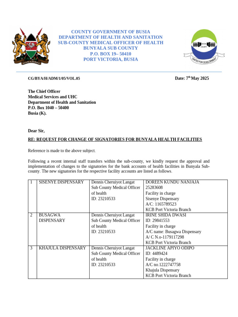Signatory Changes for Bunyala Health Facilities | PDF | Public Services ...