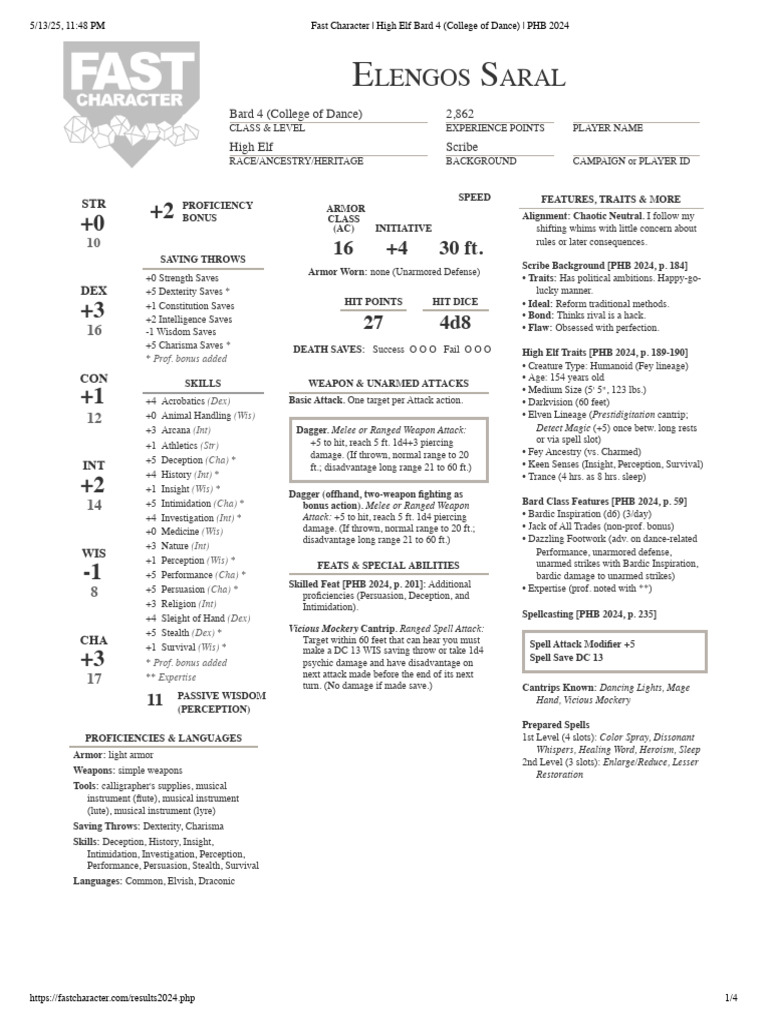 High Elf Bard 4 Character Sheet | PDF | Dungeons & Dragons | Wizards Of ...