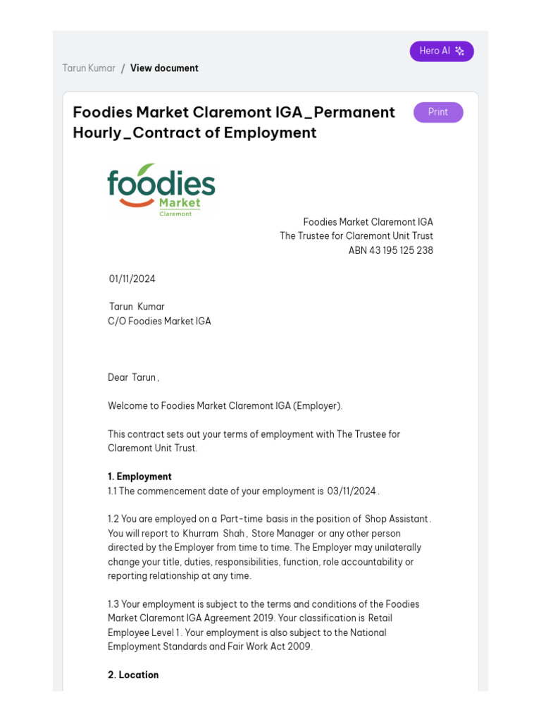 Foodies Market Claremont IGA - Permanent Hourly - Contract of ...