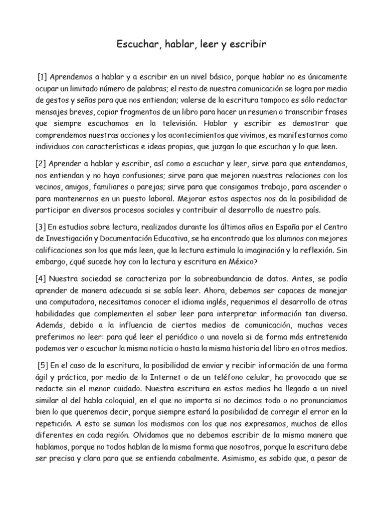 Escuchar, Hablar, Leer y Escribir | PDF | Literatura | Aprendizaje