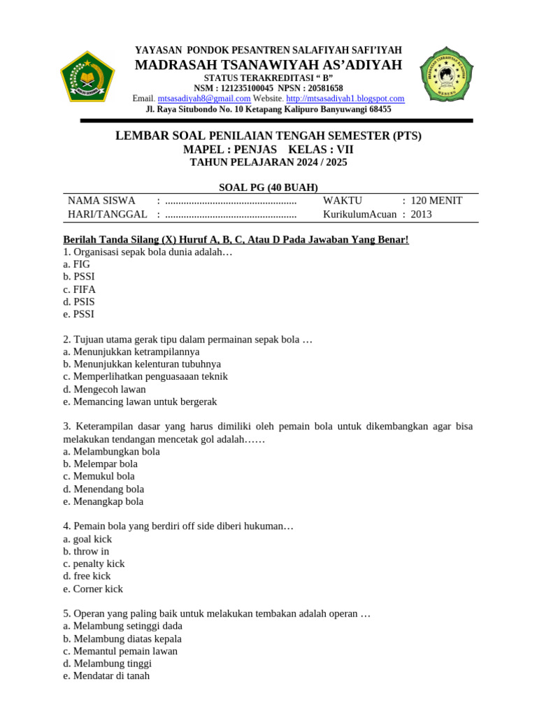Kop Lembar Soal Ujian PTS | PDF