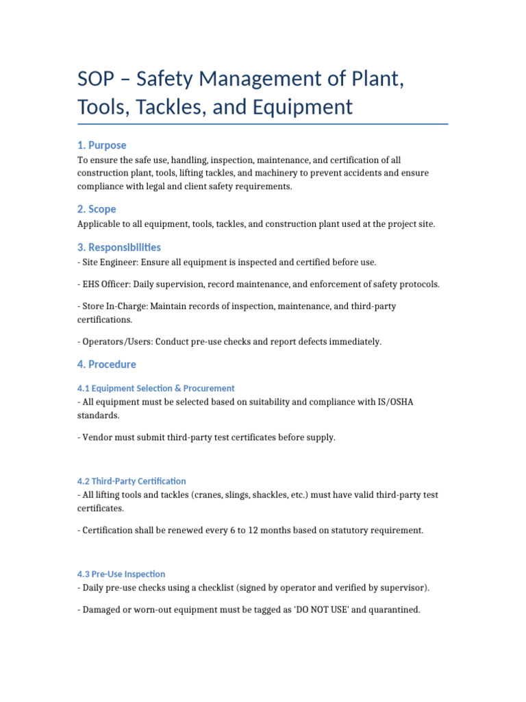 Safety SOP for Construction Equipment | PDF | Safety | Calibration