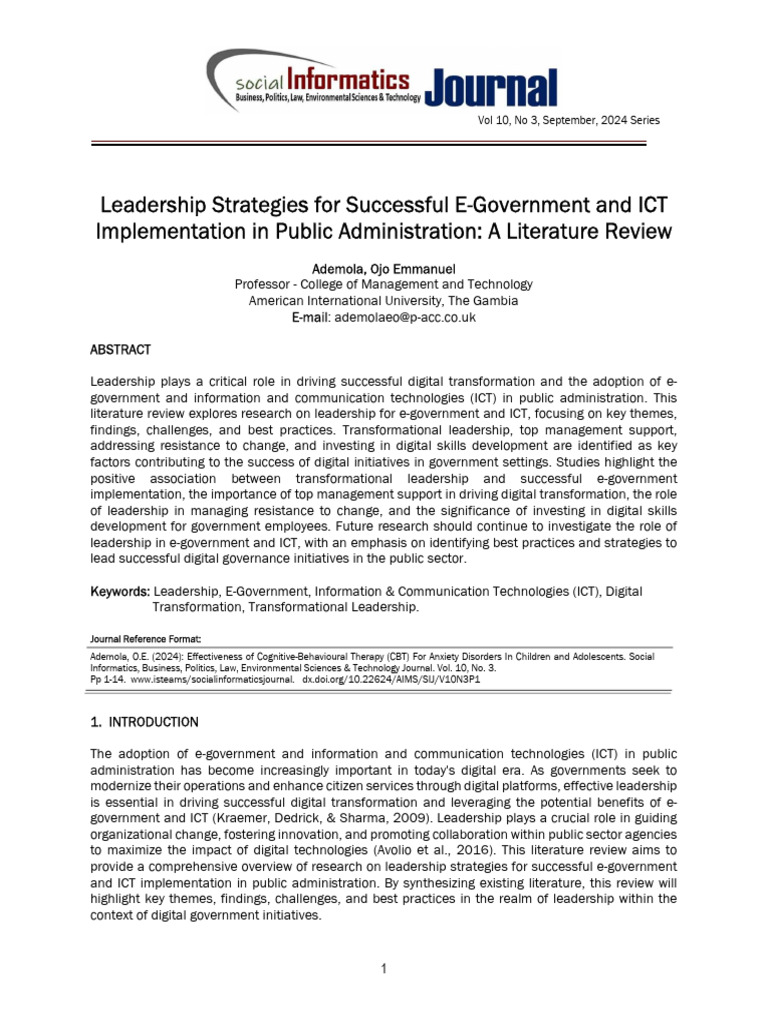 Leadership Strategies For Successful E-Government and ICT Implementation in Public ...