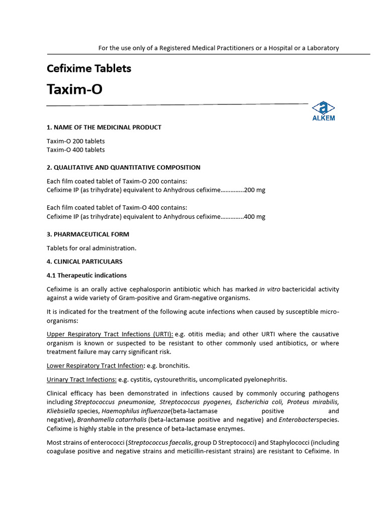 Taxim-O 200 & 400mg Tablet | PDF | Streptococcus | Dose (Biochemistry)