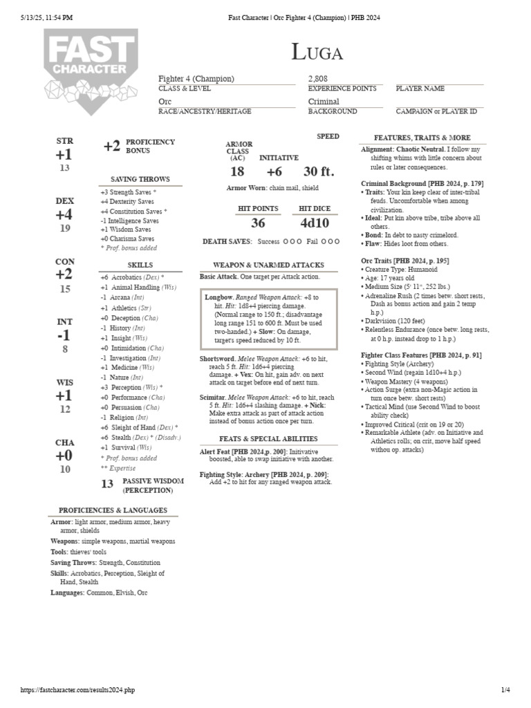 Fast Character - Orc Fighter 4 (Champion) - PHB 2024 | PDF | Dungeons ...